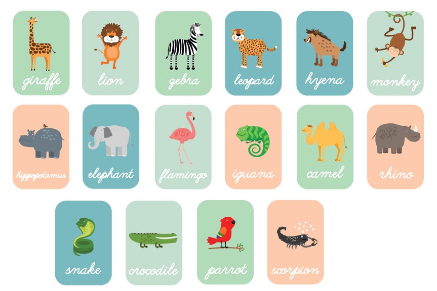 Jungle Animals Flash Cards Printable Cards Flashcards for | Etsy