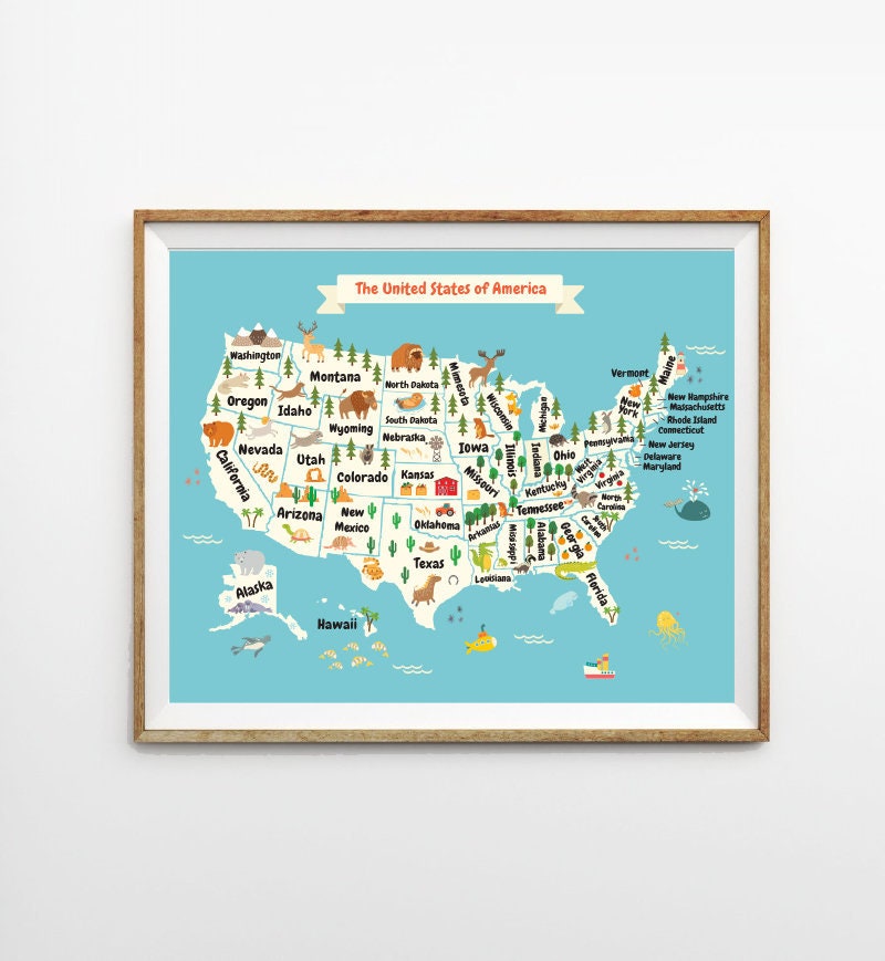Kids US Map, 8 X 10 In, 11 X 14 In, 20 X 30 In, USA Map, North America ...