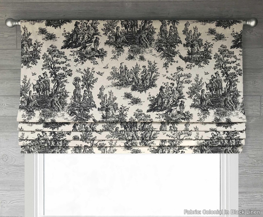 Lined Black and Natural Toile Faux Flat Roman Shade Window Valance ...