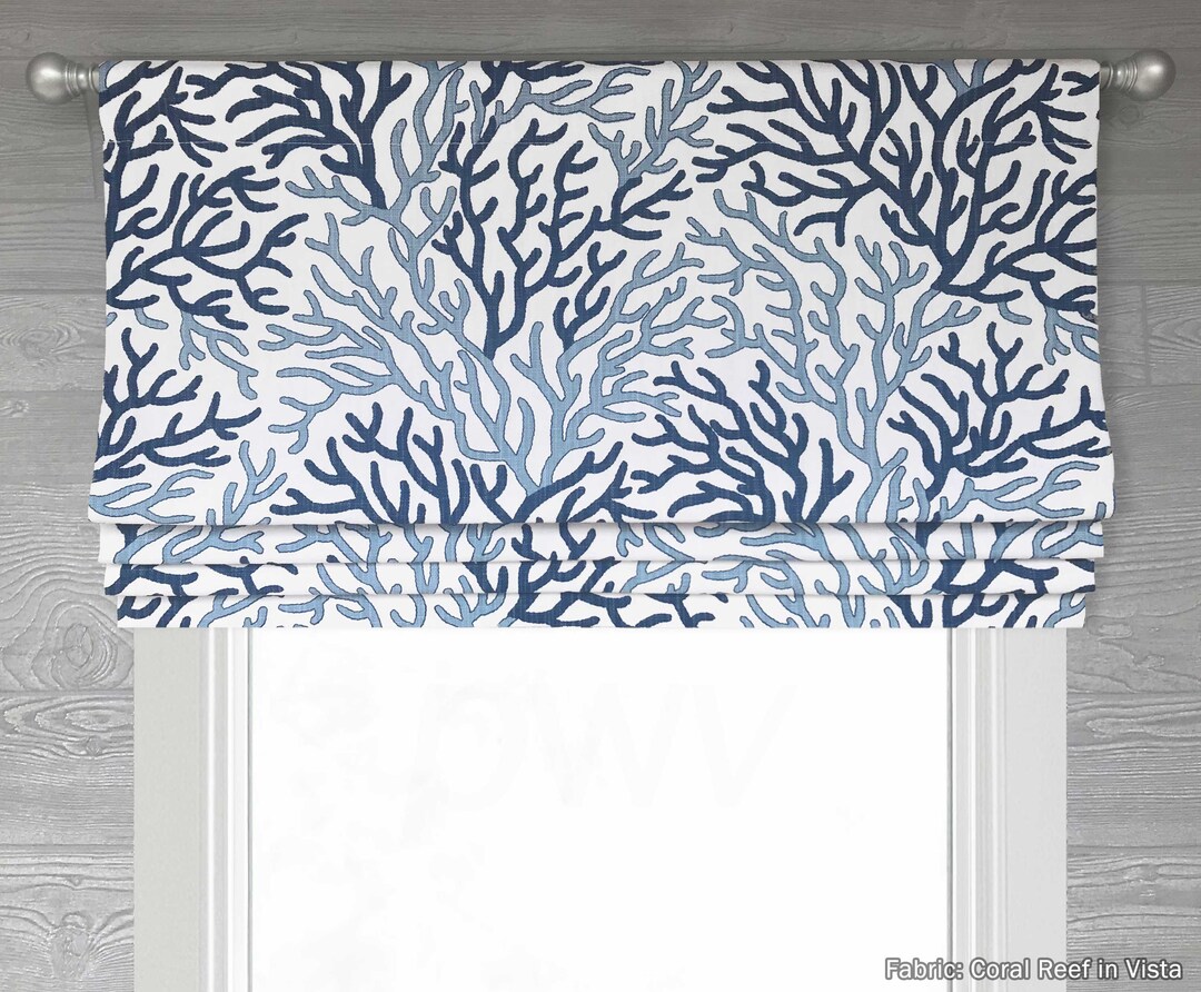 Lined Navy Blue and White Faux stationary Roman Shade Valance Beach ...