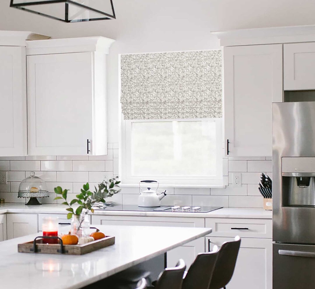 Lined Faux fake Flat Roman Shade Valance, Modern Geometric in Gray ...