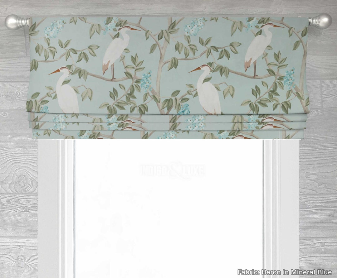 Lined Faux stationary Roman Shade Valance, Heron in Mineral, Light Blue ...