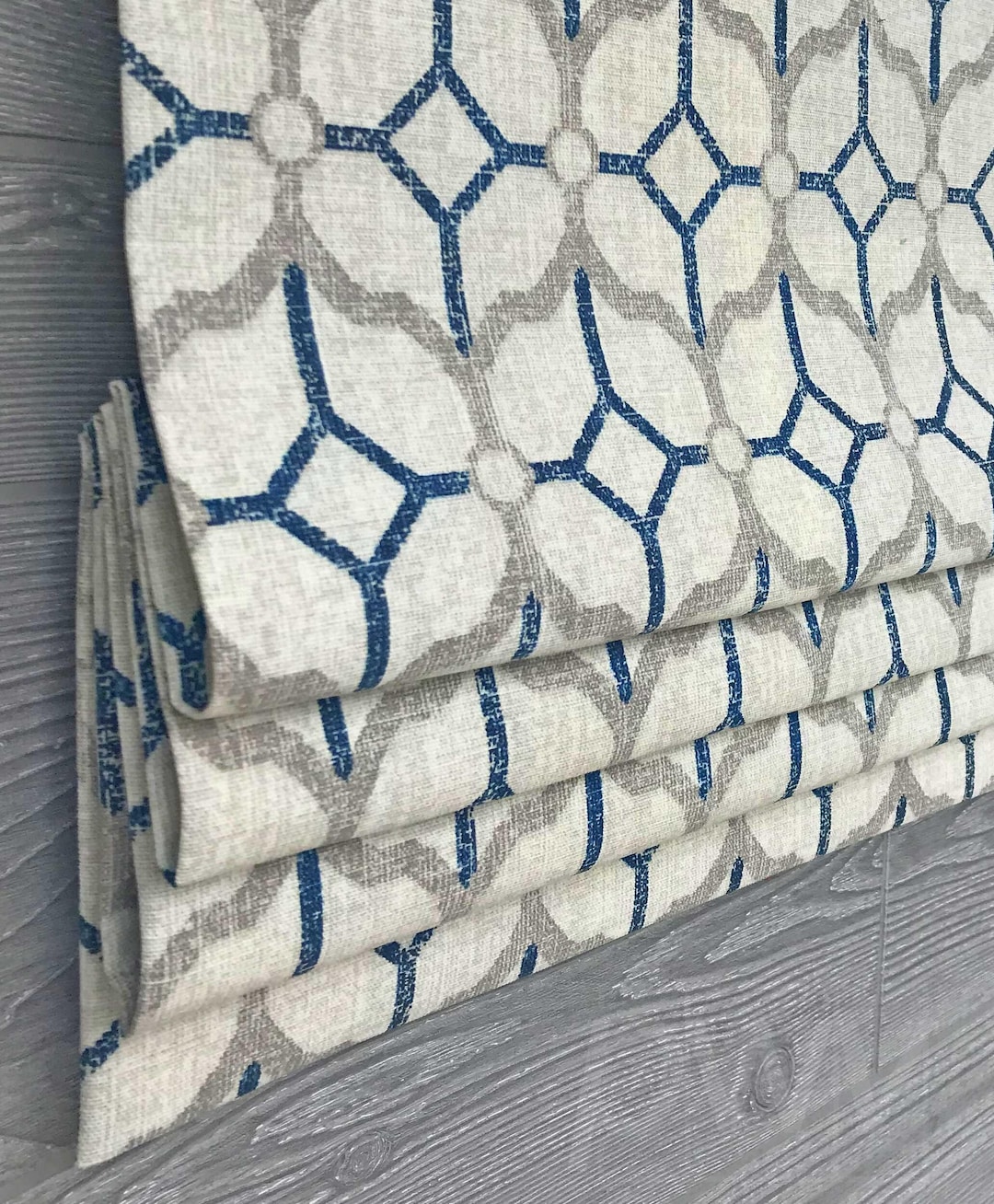Faux Roman Shade Window Valance; Modern Geometric in Dark Blue on Beige ...