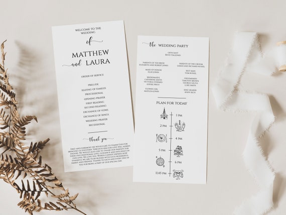 Church Wedding Program Printable Slim Wedding Program Slim - Etsy