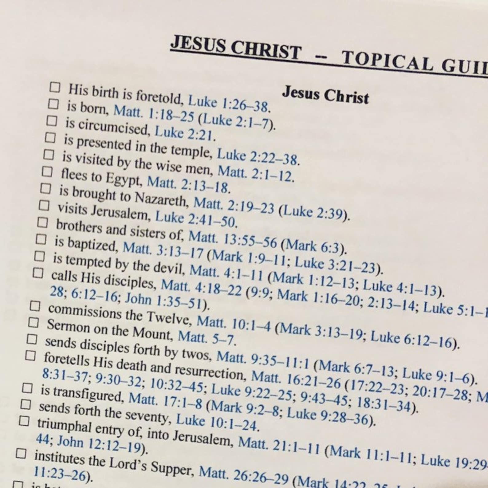 Jesus Christ Topical Guide Reference Sheet Study Sheet INSTANT - Etsy