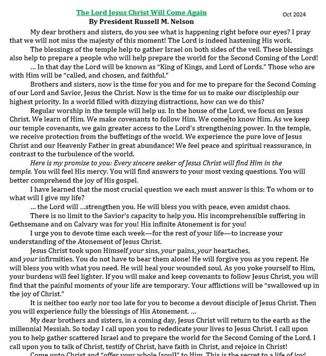 October 2024 General Conference Notes, Quotes & Outlines (instant ...