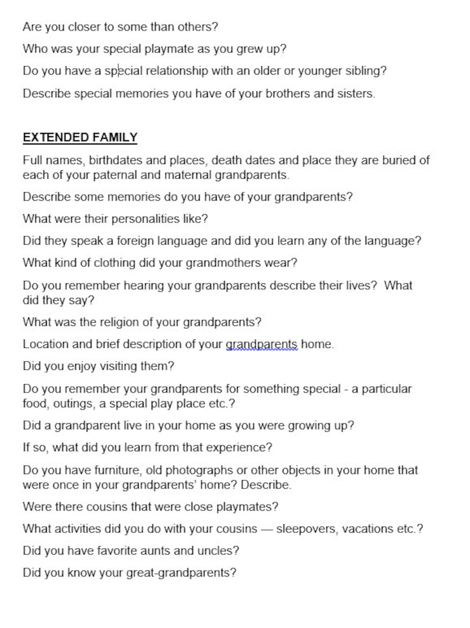 Personal History Questions INSTANT DOWNLOAD Printable --write, or Type ...