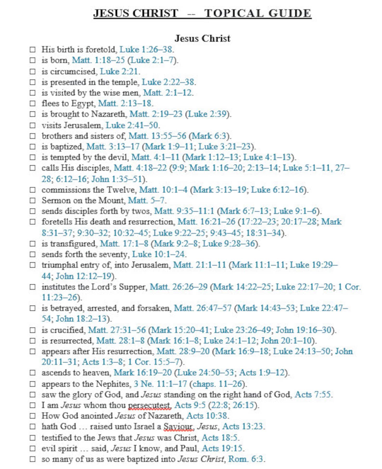 Jesus Christ Topical Guide Reference Sheet Study Sheet INSTANT - Etsy