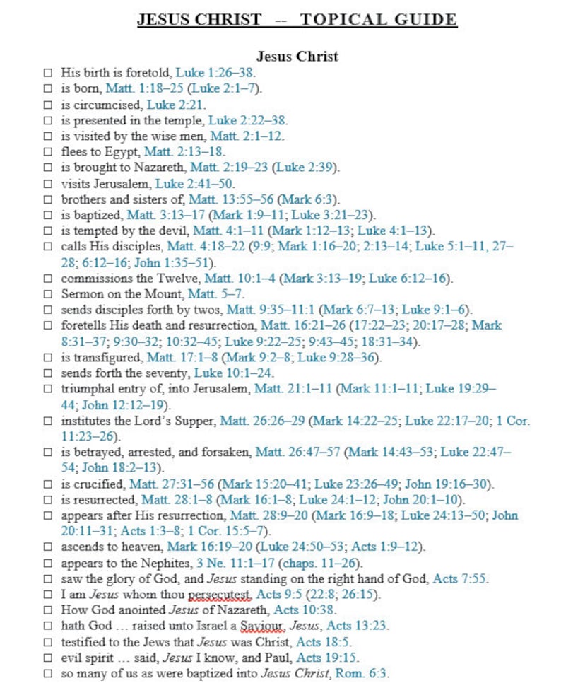 Jesus Christ Topical Guide Reference Sheet Study Sheet INSTANT - Etsy