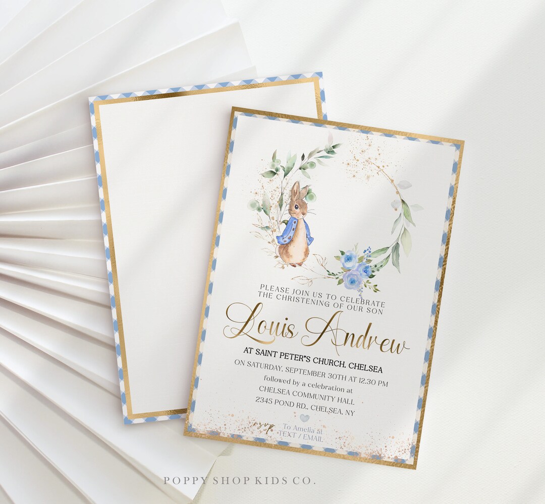 Christening Invitation - Peter Rabbit INSTANT DOWNLOAD / Blue Gold ...