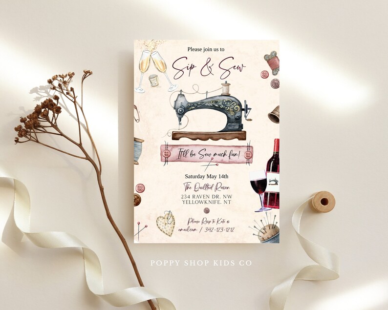 Sip and Sew Sewing Party Invitation | Fully Editable INSTANT DOWNLOAD ...