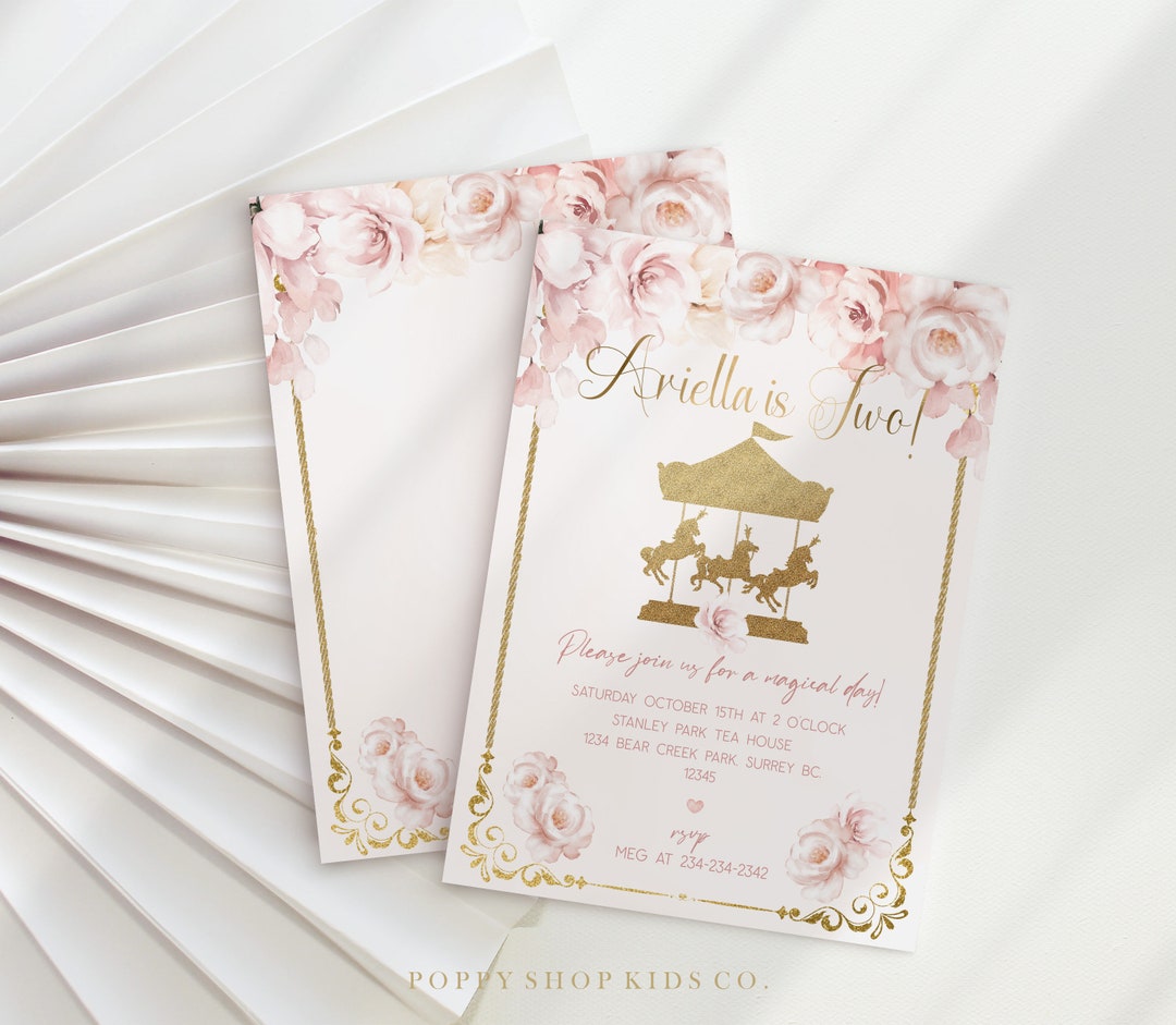Cream Gold Pink Carousel First Birthday Invitation INSTANT DOWNLOAD ...