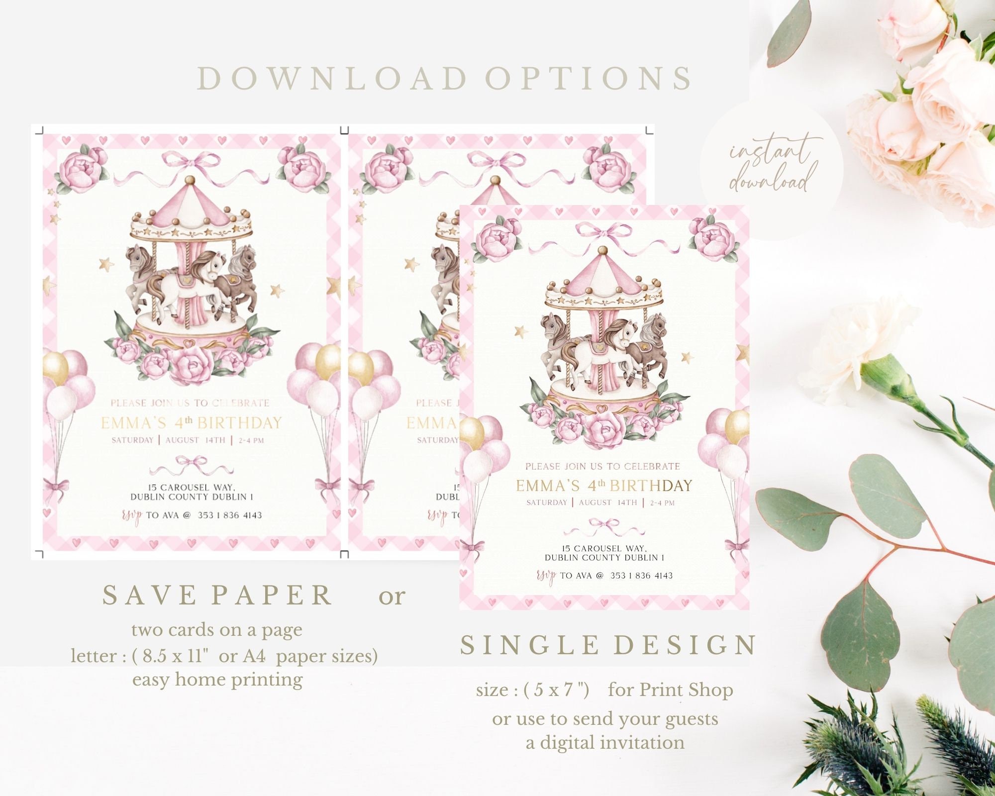 Pink and Gold Carousel Birthday Invitation INSTANT DOWNLOAD - Etsy