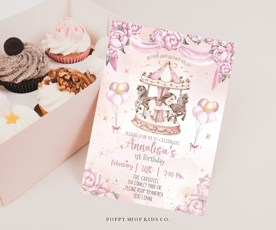 Magical Pink Roses Carousel Birthday Invitation INSTANT DOWNLOAD ...