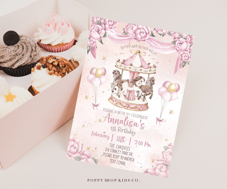 Magical Pink Roses Carousel Birthday Invitation INSTANT DOWNLOAD ...