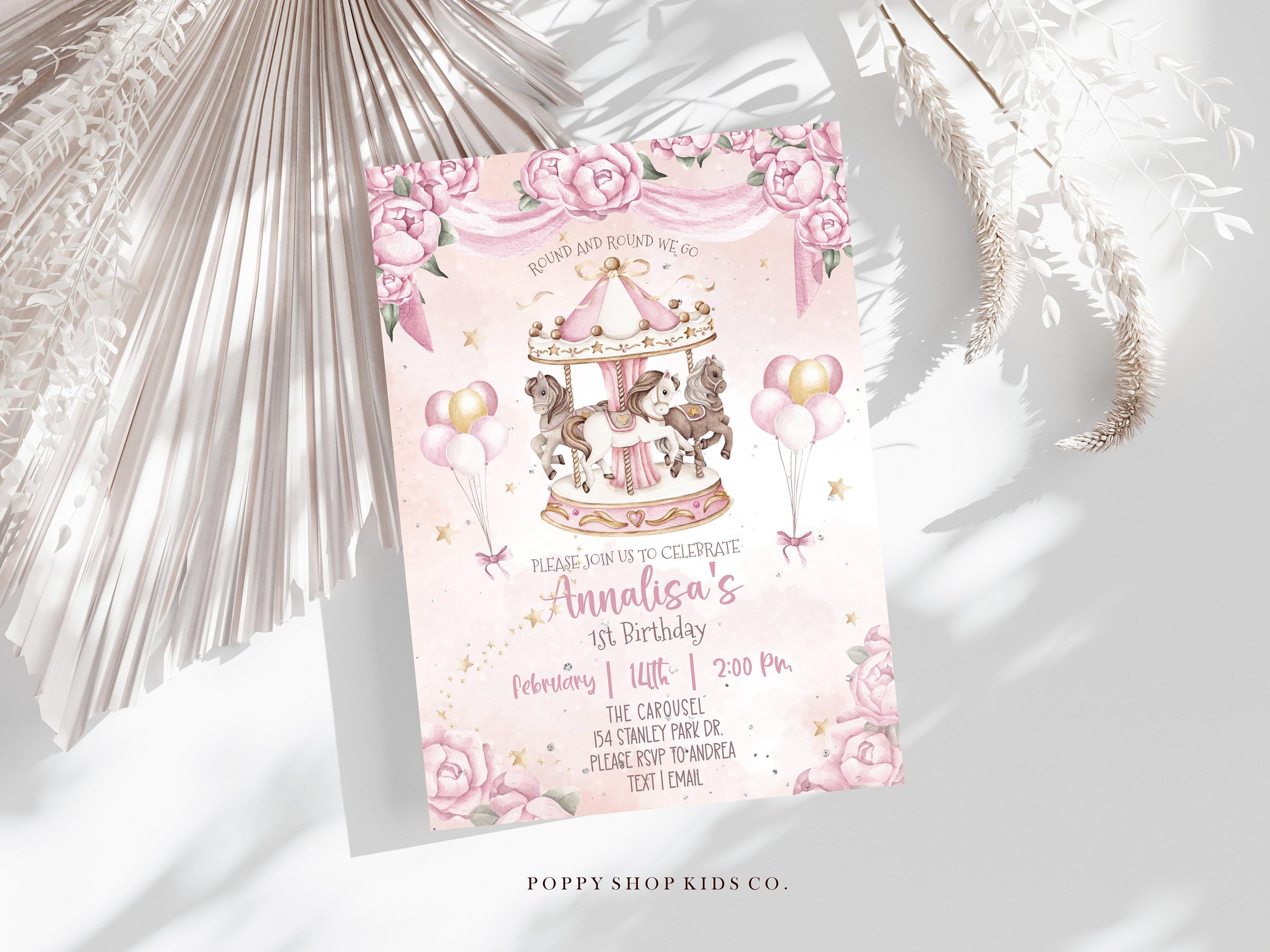 Magical Pink Roses Carousel Birthday Invitation INSTANT - Etsy