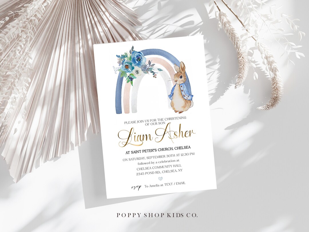 Peter Rabbit Blue Rainbow Christening Invitation - INSTANT DOWNLOAD ...