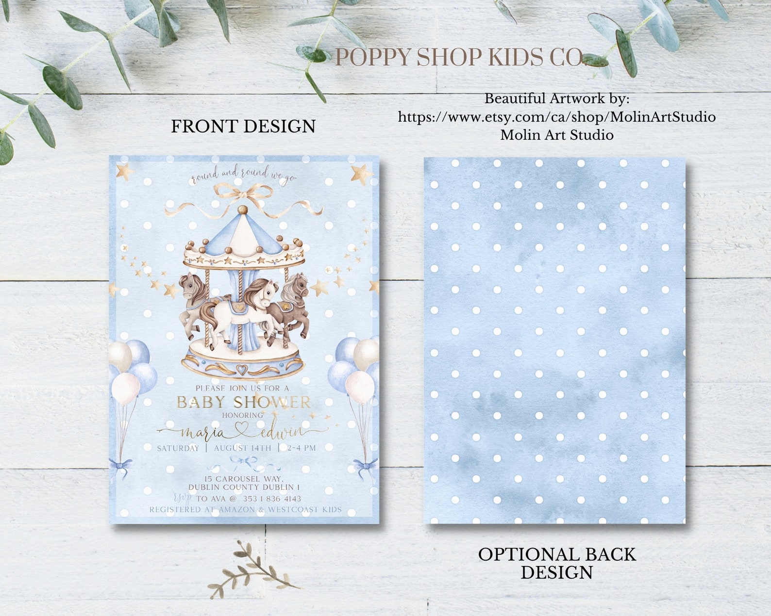 Editable Blue Polka Dot & Gold Carousel Baby Shower Invitation INSTANT ...