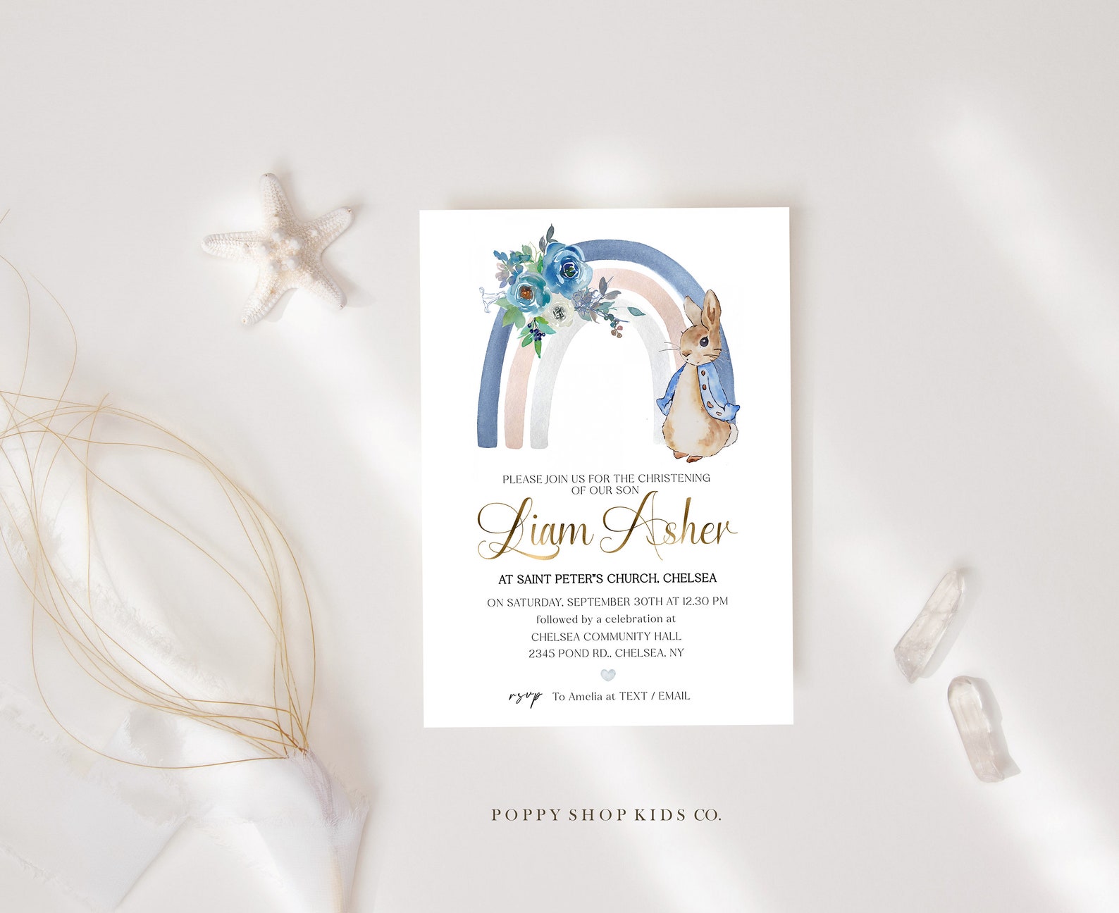 Peter Rabbit Blue Rainbow Christening Invitation - INSTANT DOWNLOAD ...