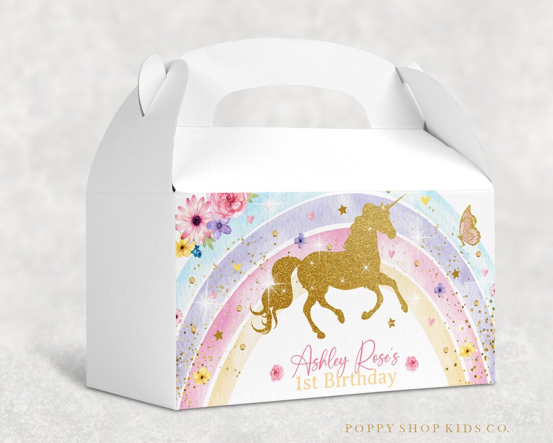 Rainbow Unicorn Birthday Gable Box Label | Rainbow Sparkle Floral ...
