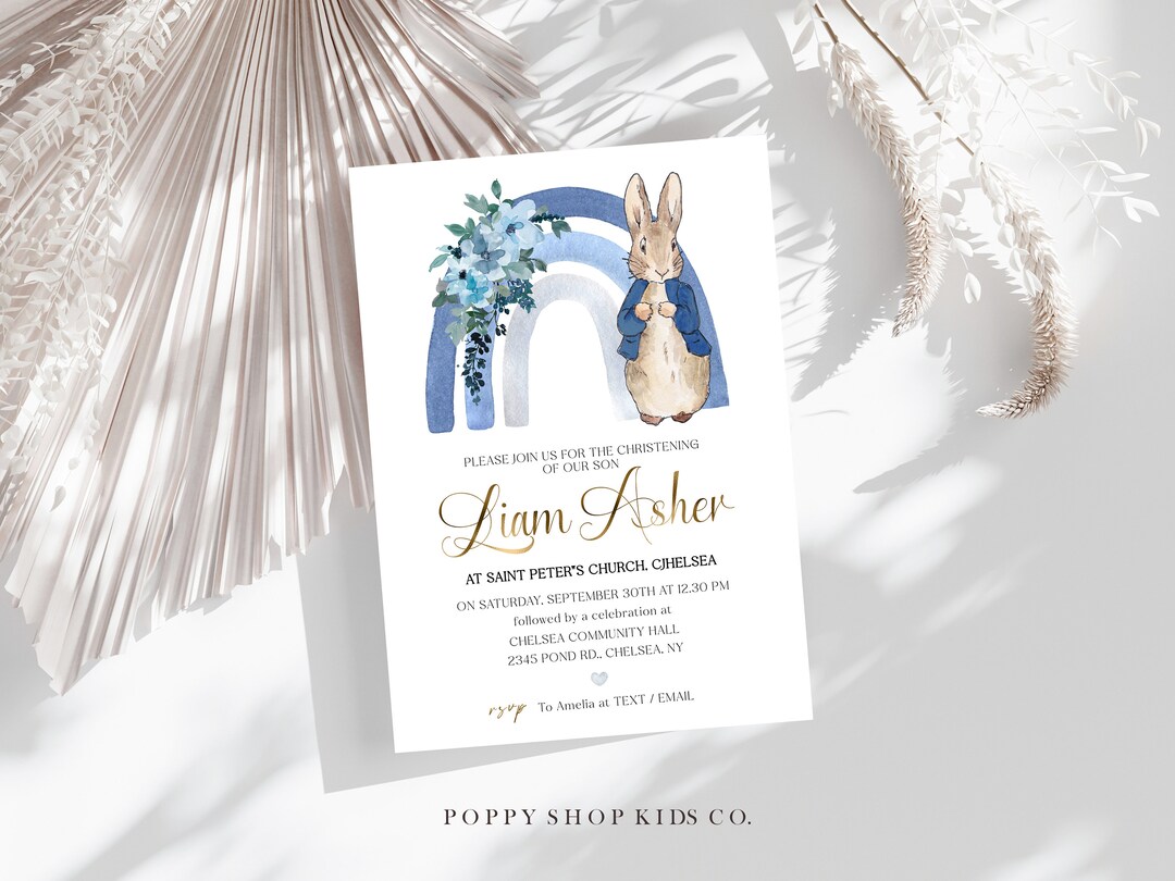 Peter Rabbit Christening Invitation - INSTANT DOWNLOAD | Blue Brown ...