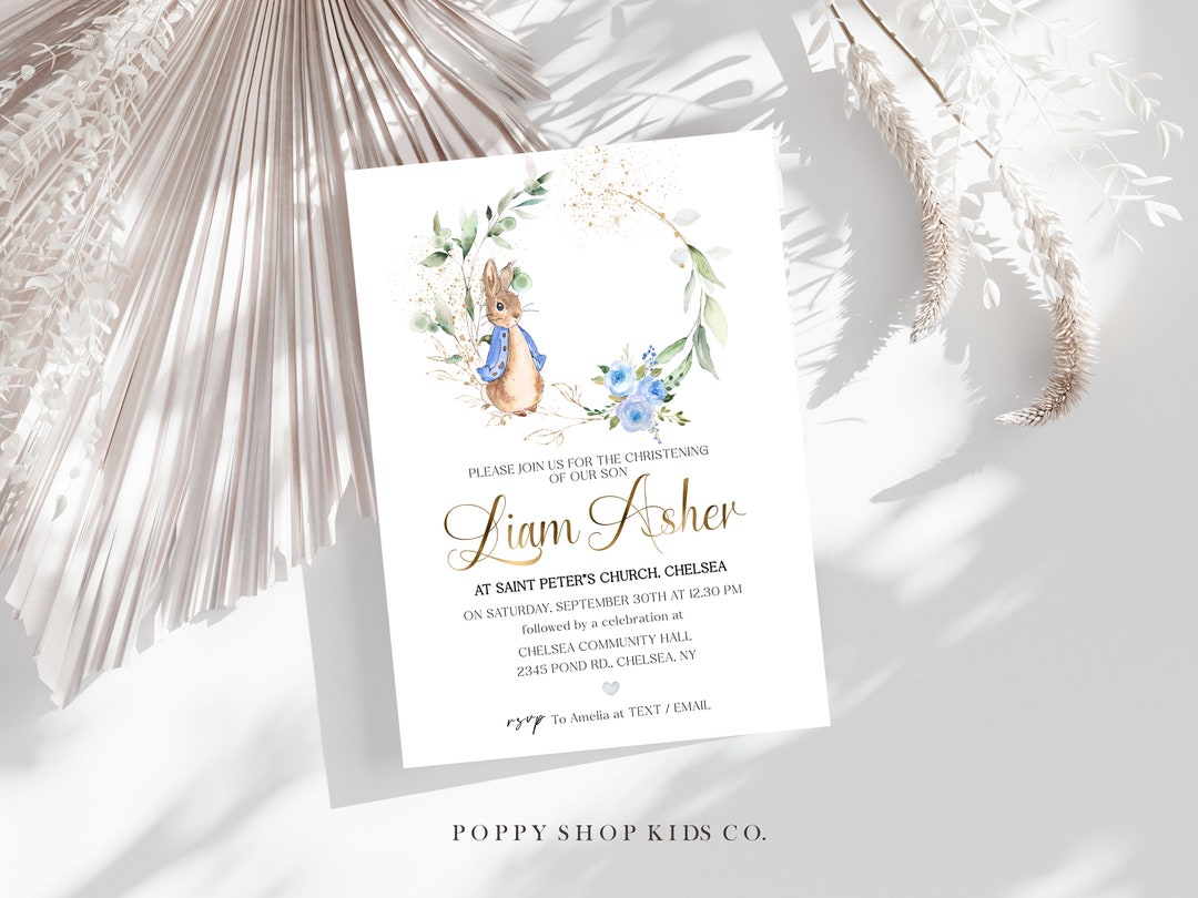 Peter Rabbit Christening Invitation - INSTANT DOWNLOAD | Blue Gold ...