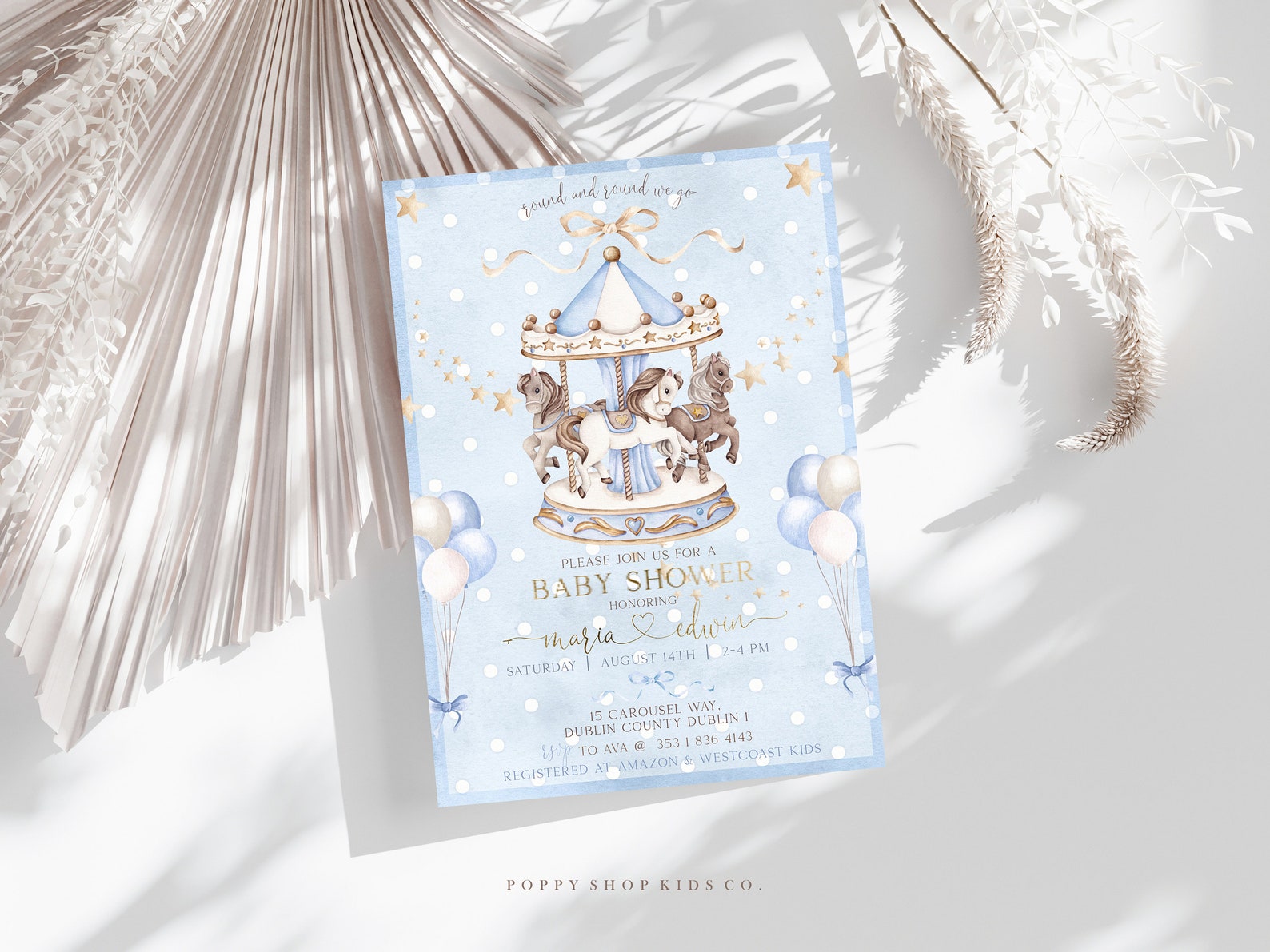 Editable Blue Polka Dot & Gold Carousel Baby Shower Invitation INSTANT ...