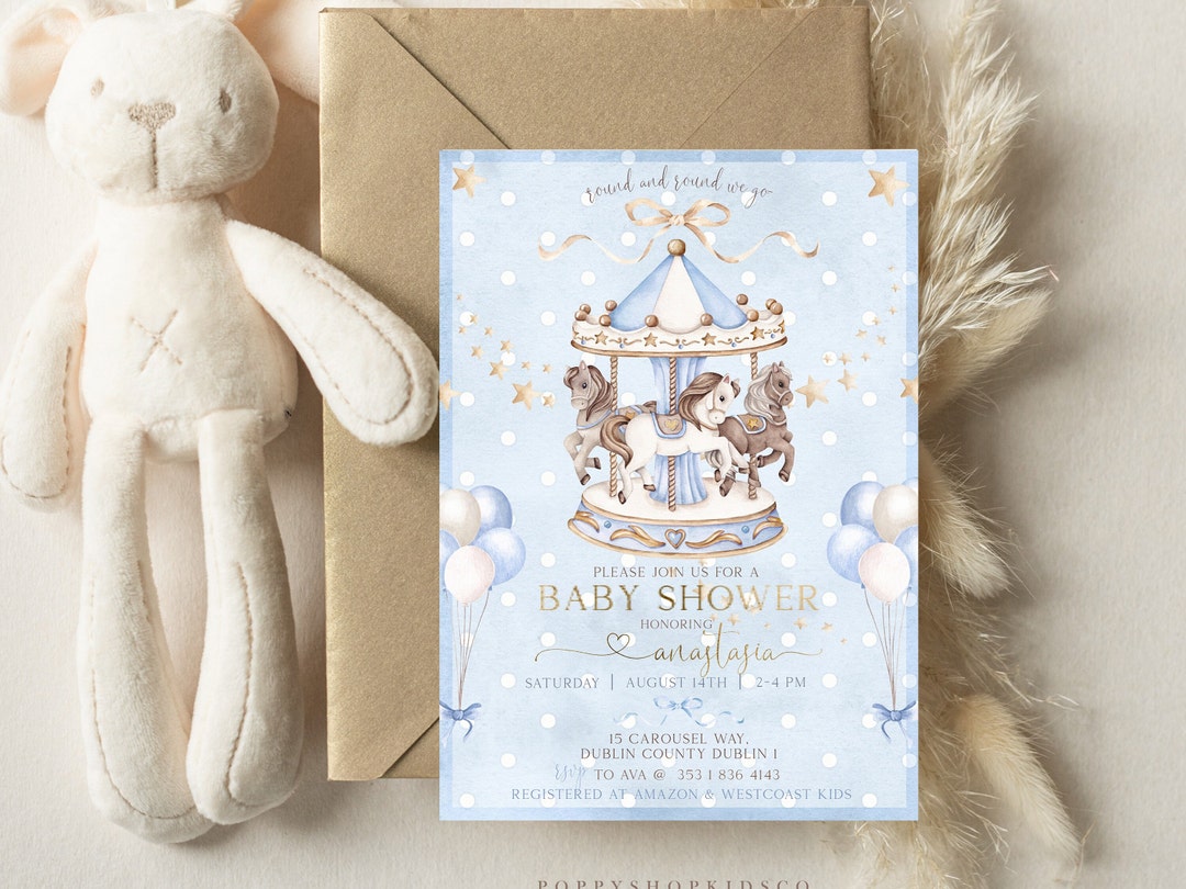Editable Blue Polka Dot & Gold Carousel Baby Shower Invitation INSTANT ...