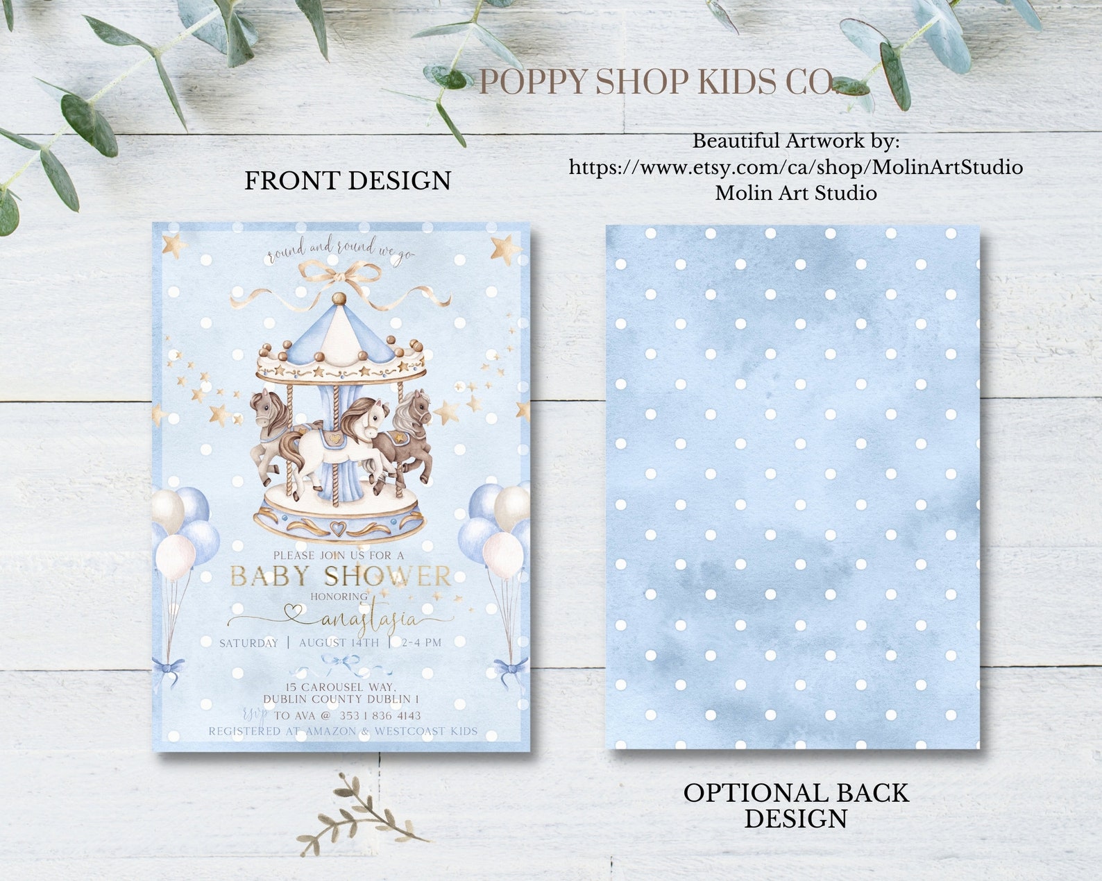 Editable Blue Polka Dot & Gold Carousel Baby Shower Invitation INSTANT ...