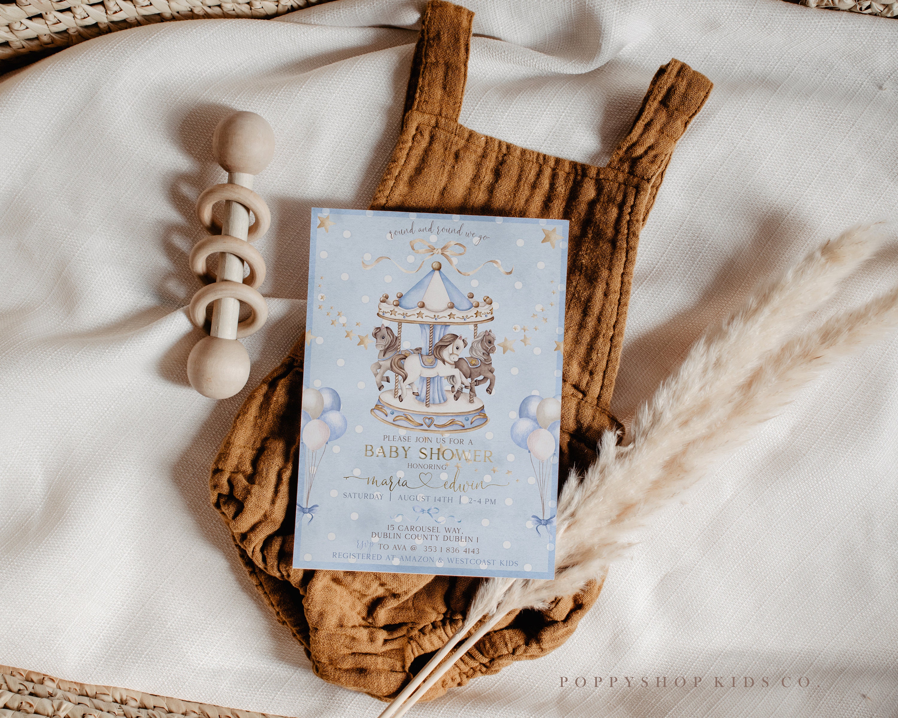 Editable Blue Polka Dot & Gold Carousel Baby Shower Invitation - Etsy