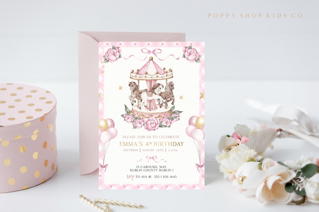 Pink and Gold Carousel Birthday Invitation INSTANT DOWNLOAD | Carousel ...
