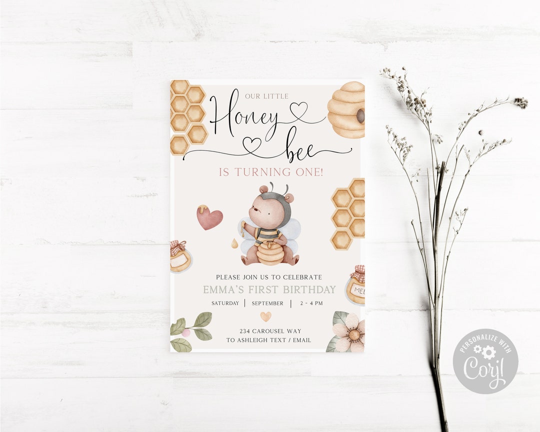 Invitación de primer cumpleaños de abeja de miel de acuarela / Nuestra ...