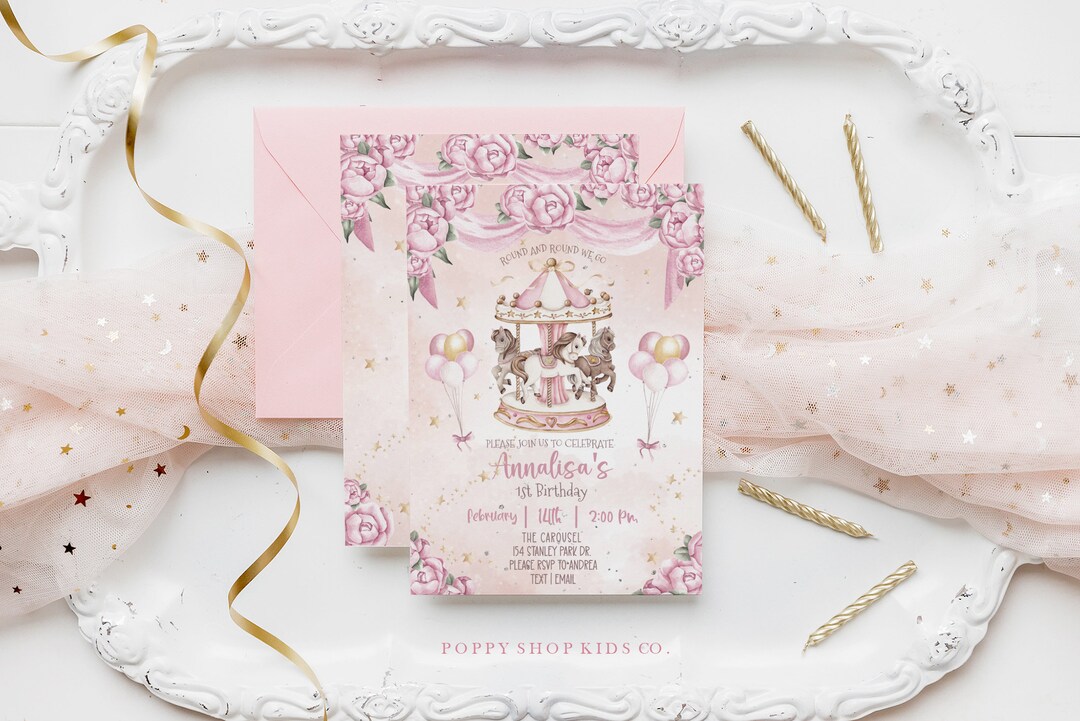 Magical Pink Roses Carousel Birthday Invitation INSTANT DOWNLOAD ...