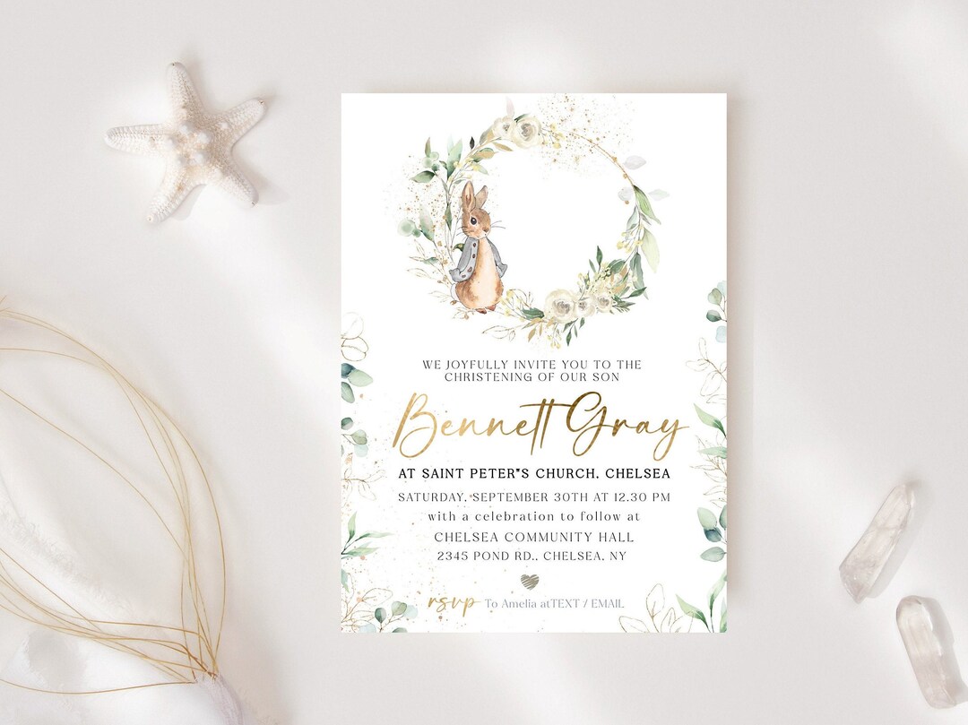 Peter Rabbit Christening Invitation - INSTANT DOWNLOAD | Green Gold ...