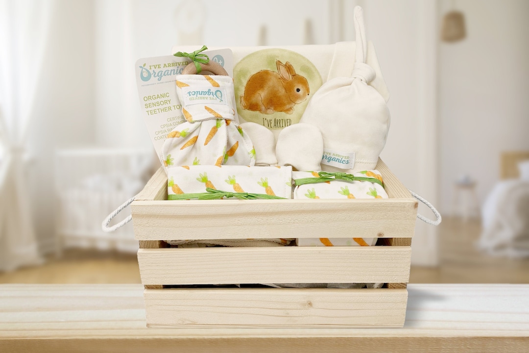 Baby Gift Basket, Spring Baby Outfit, Organic Baby Basket, Bunny Rabbit ...