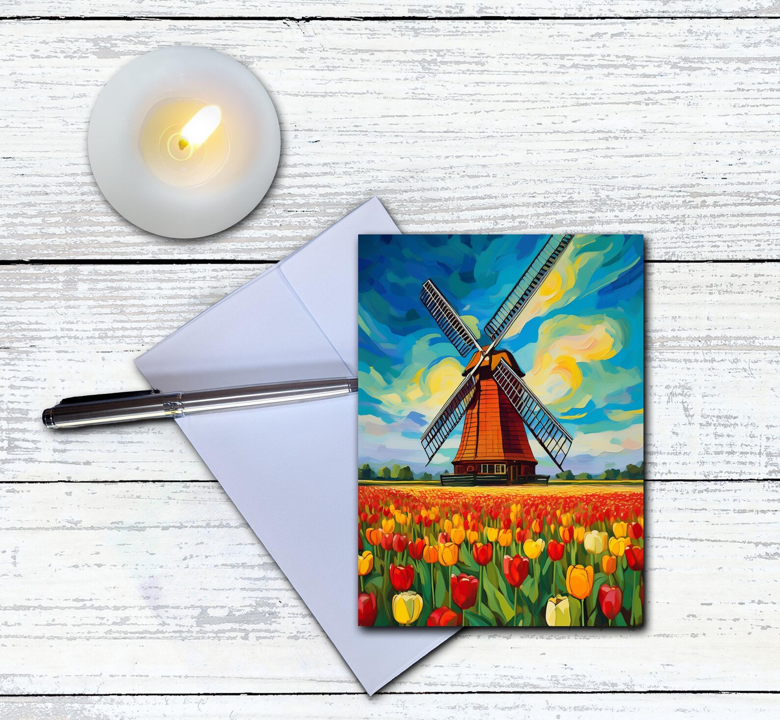 Set of 8 Windmill Tulip Note Cards Vertical 5x7 Blank Dutch Landscape ...