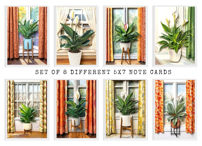 Peace Lily Houseplant Note Cards, Set of 8 Handmade 5x7 Penpal Happy ...