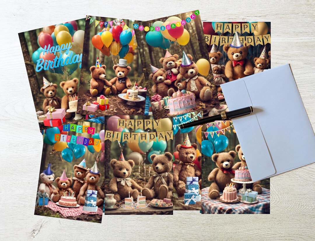 Unique Handmade Set of 8 Different HAPPY BIRTHDAY Teddy Bear 5x7 Blank ...