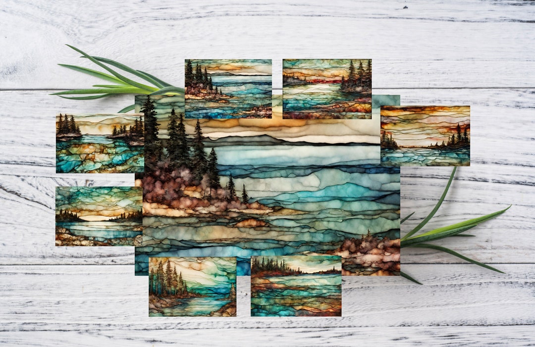 A Unique Set of 8 Alcohol Ink Print Lake Superior Water Nature Themed ...