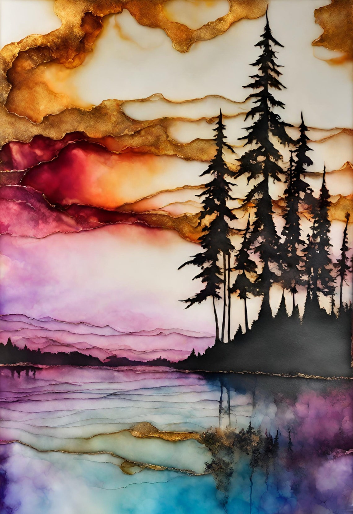 A Unique Set of 8 Alcohol Ink Print Tree Themed Blank All Occasion ...