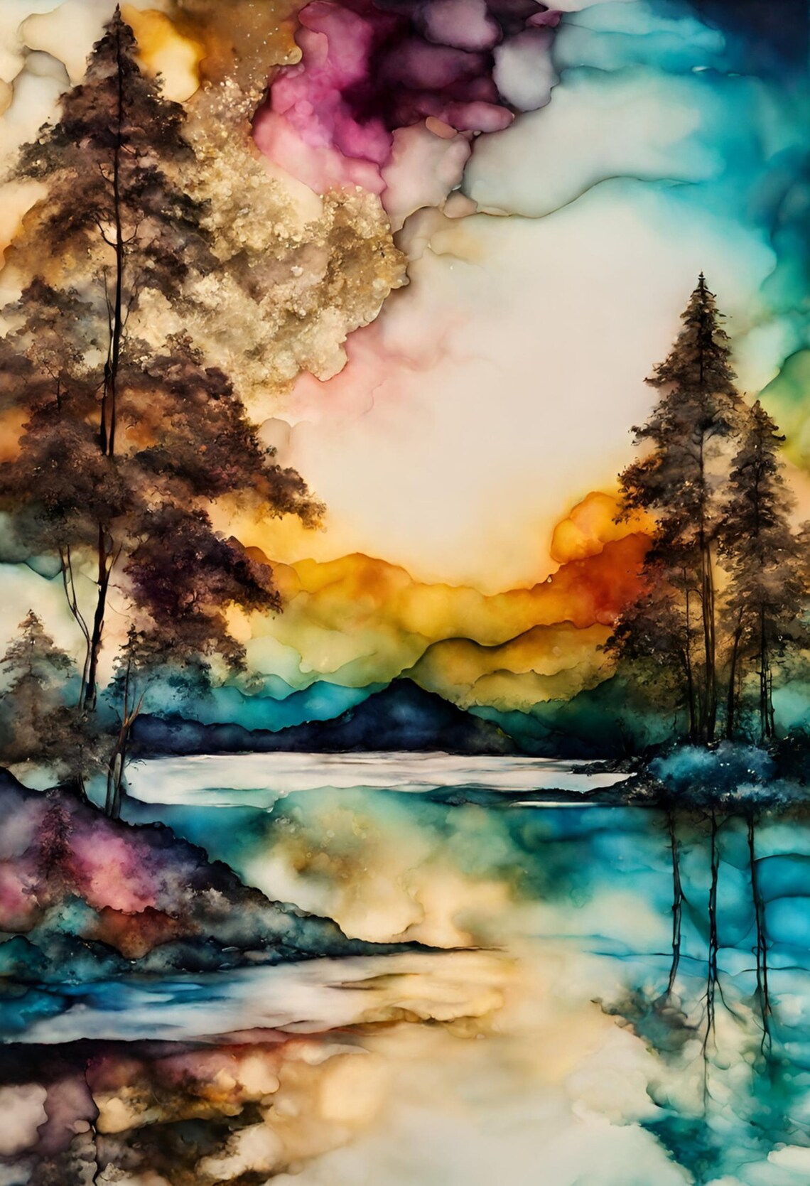 A Unique Set of 8 Alcohol Ink Print Tree Themed Blank All Occasion ...