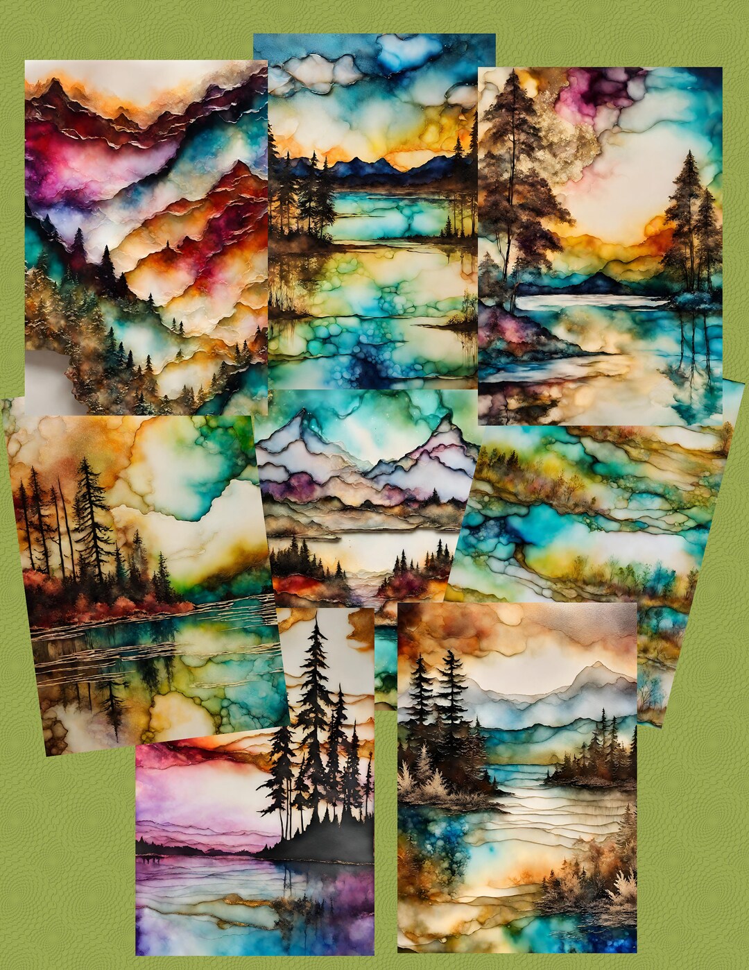 A Unique Set of 8 Alcohol Ink Print Tree Themed Blank All Occasion ...