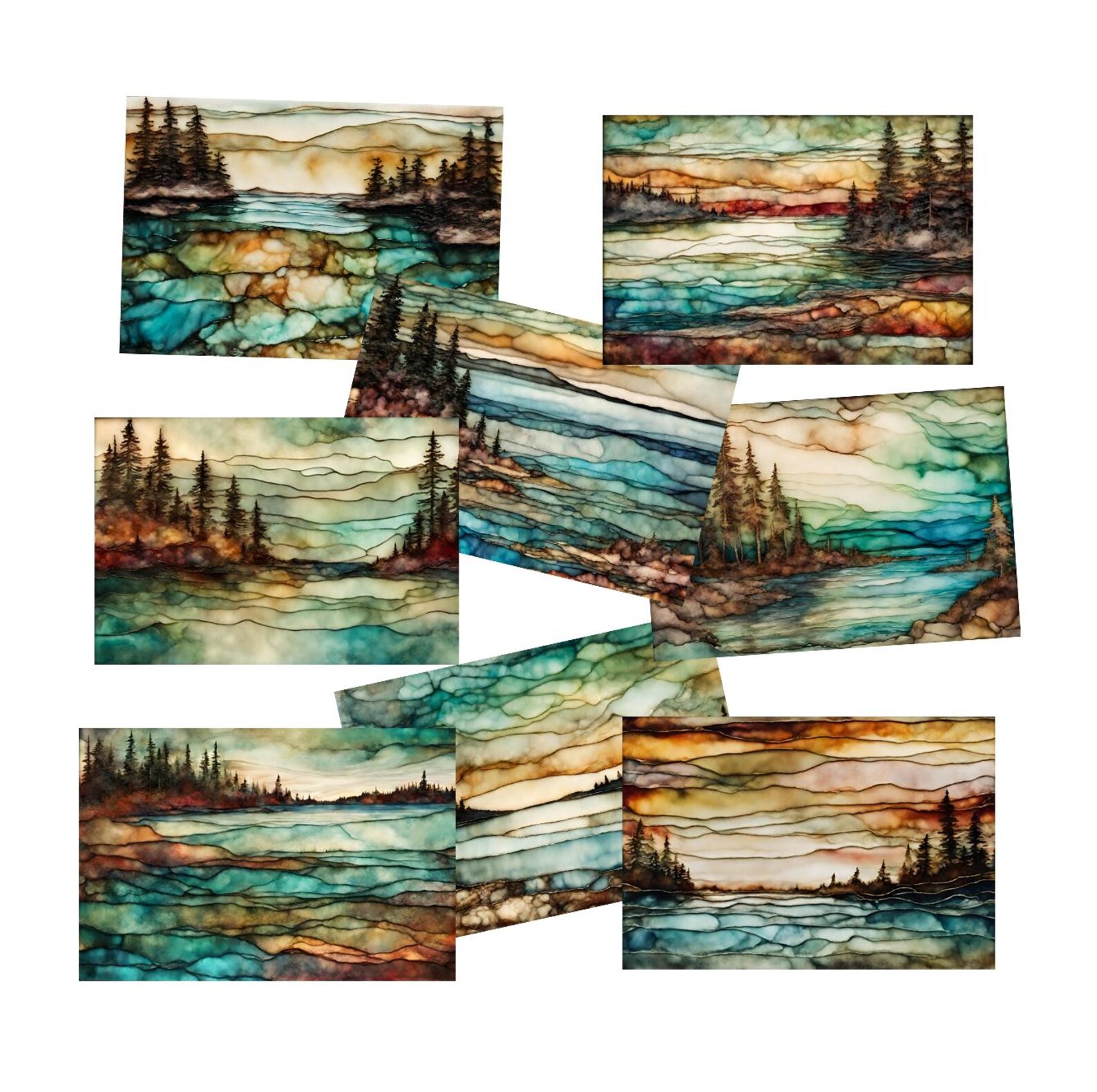 A Unique Set of 8 Alcohol Ink Print Lake Superior Water Nature Themed ...