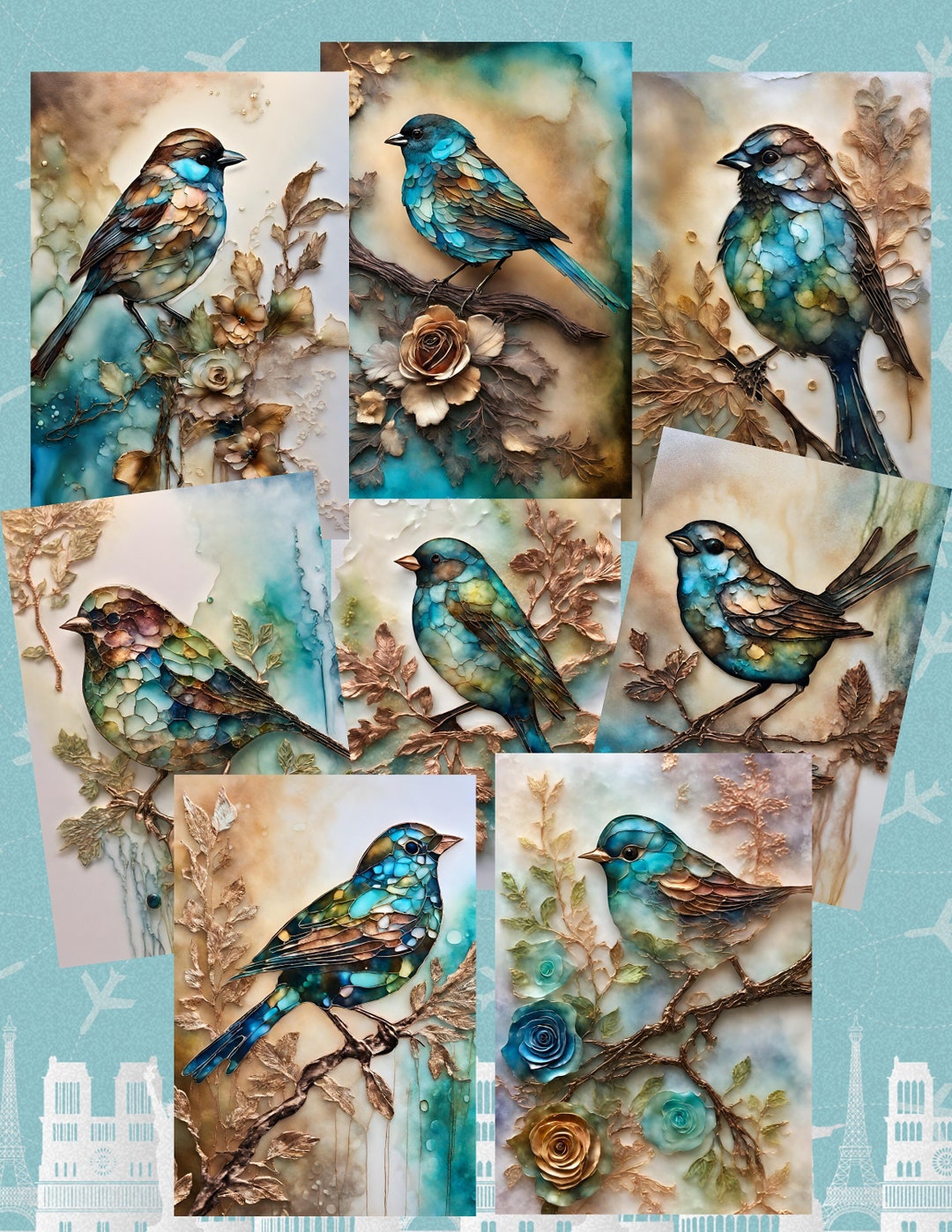 A Unique Set of 8 Alcohol Ink Print Bird Themed Blank All Occasion ...