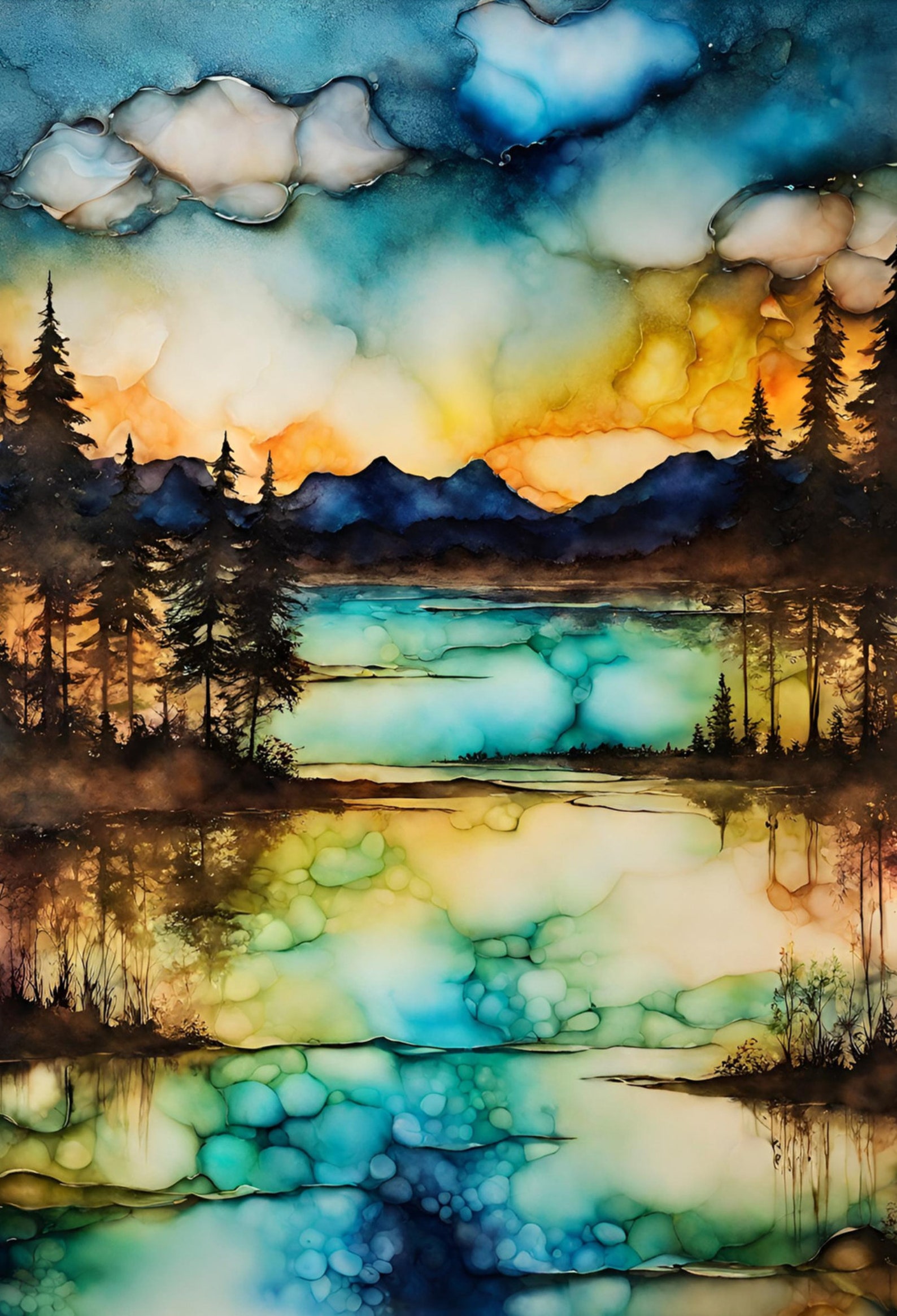 A Unique Set of 8 Alcohol Ink Print Tree Themed Blank All Occasion ...