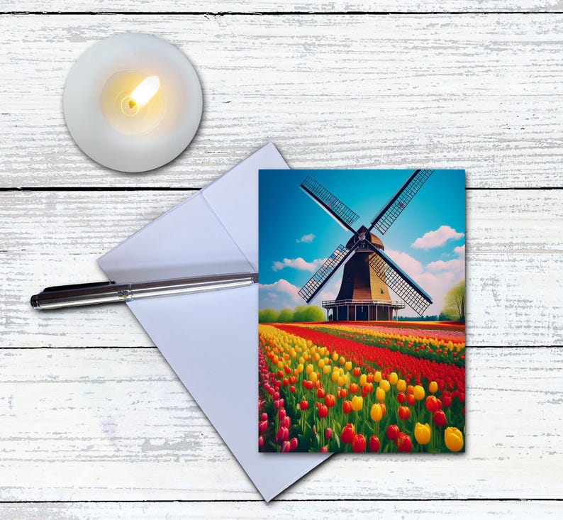 Set of 8 Windmill Tulip Note Cards Vertical 5x7 Blank Dutch Landscape ...