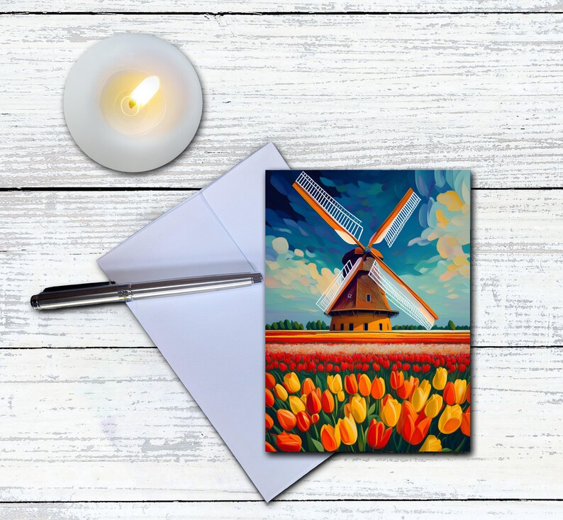 Set of 8 Windmill Tulip Note Cards Vertical 5x7 Blank Dutch Landscape ...