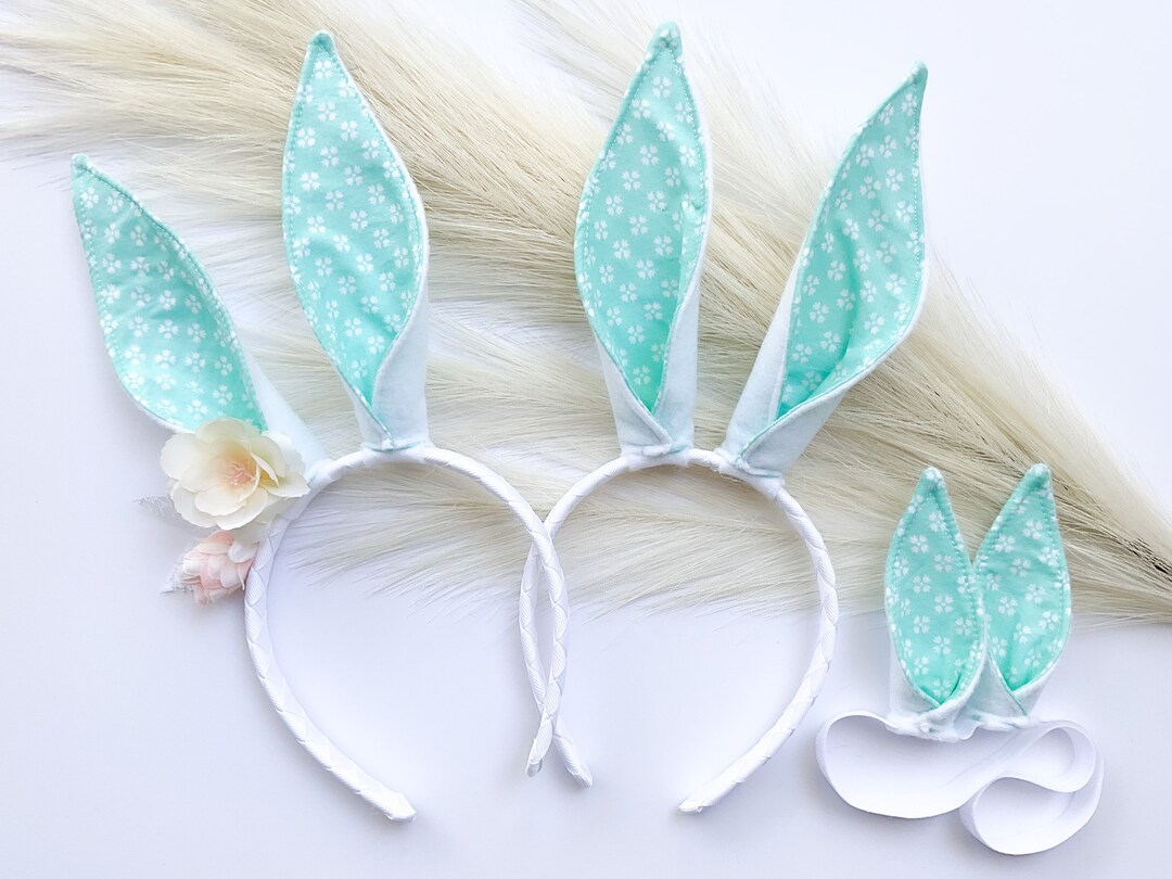 EASTER BUNNY RABBIT Costume Ears, White With Aqua Floral Print Inner ...