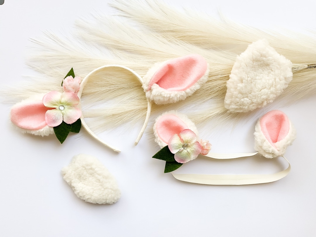 SHEEP LAMB Ears HEADBAND And/or Tail, Ivory and Pink, Optional Flower ...