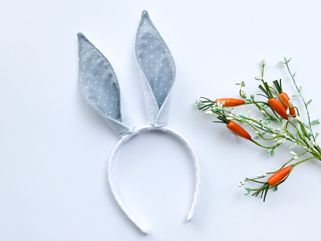 BUNNY RABBIT EARS Headband, White With Gray and Dots, Costume, Dress Up ...